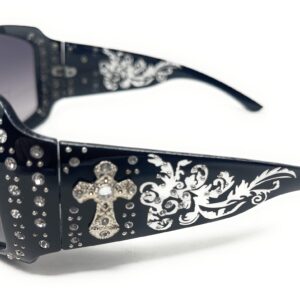 Texas West Womens Sunglasses With Rhinestone Bling UV 400 PC Lens Horse/Concho/Cross/Pistol/Butterfly/Star (Flora Cross Black)