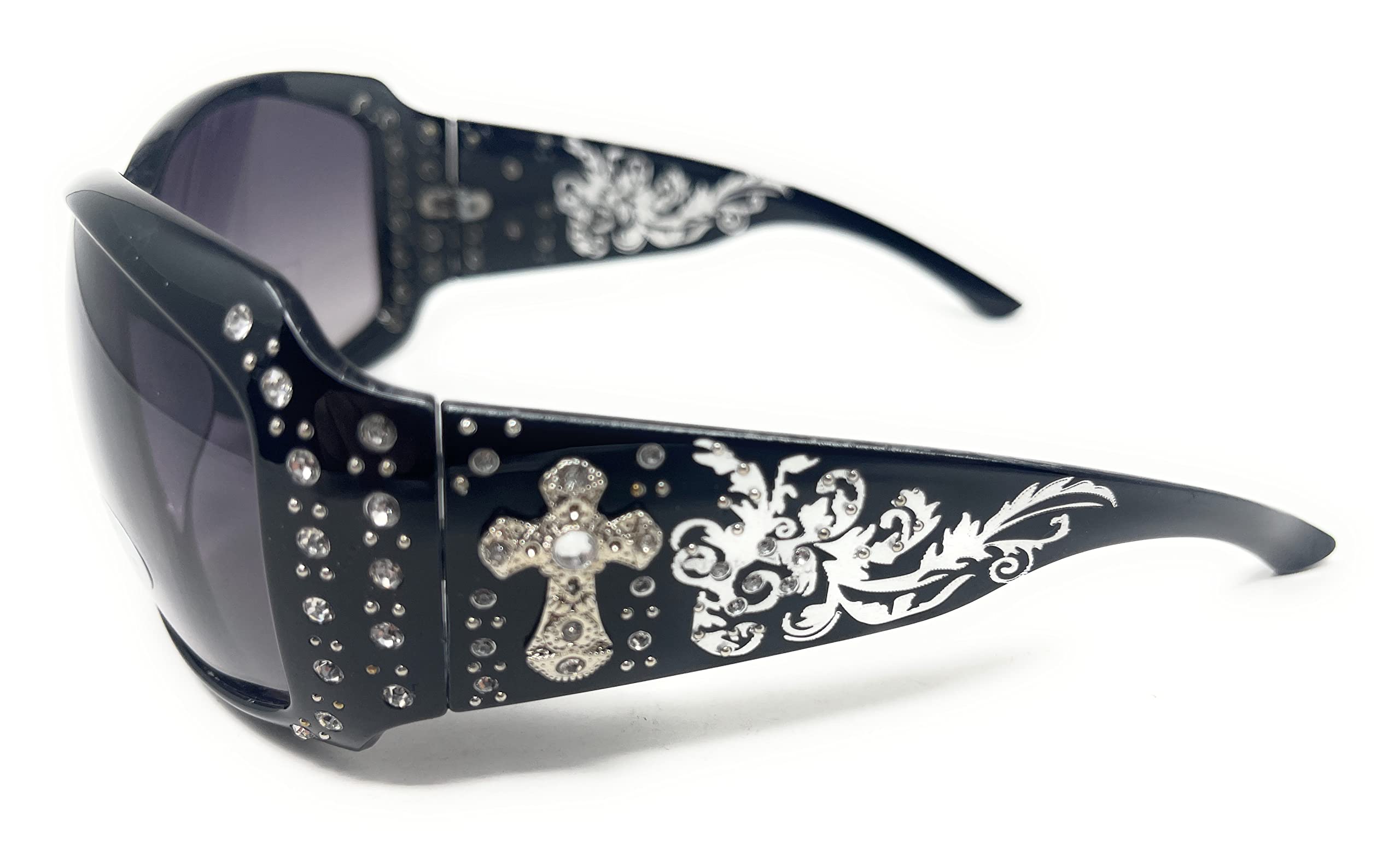 Texas West Womens Sunglasses With Rhinestone Bling UV 400 PC Lens Horse/Concho/Cross/Pistol/Butterfly/Star (Flora Cross Black)