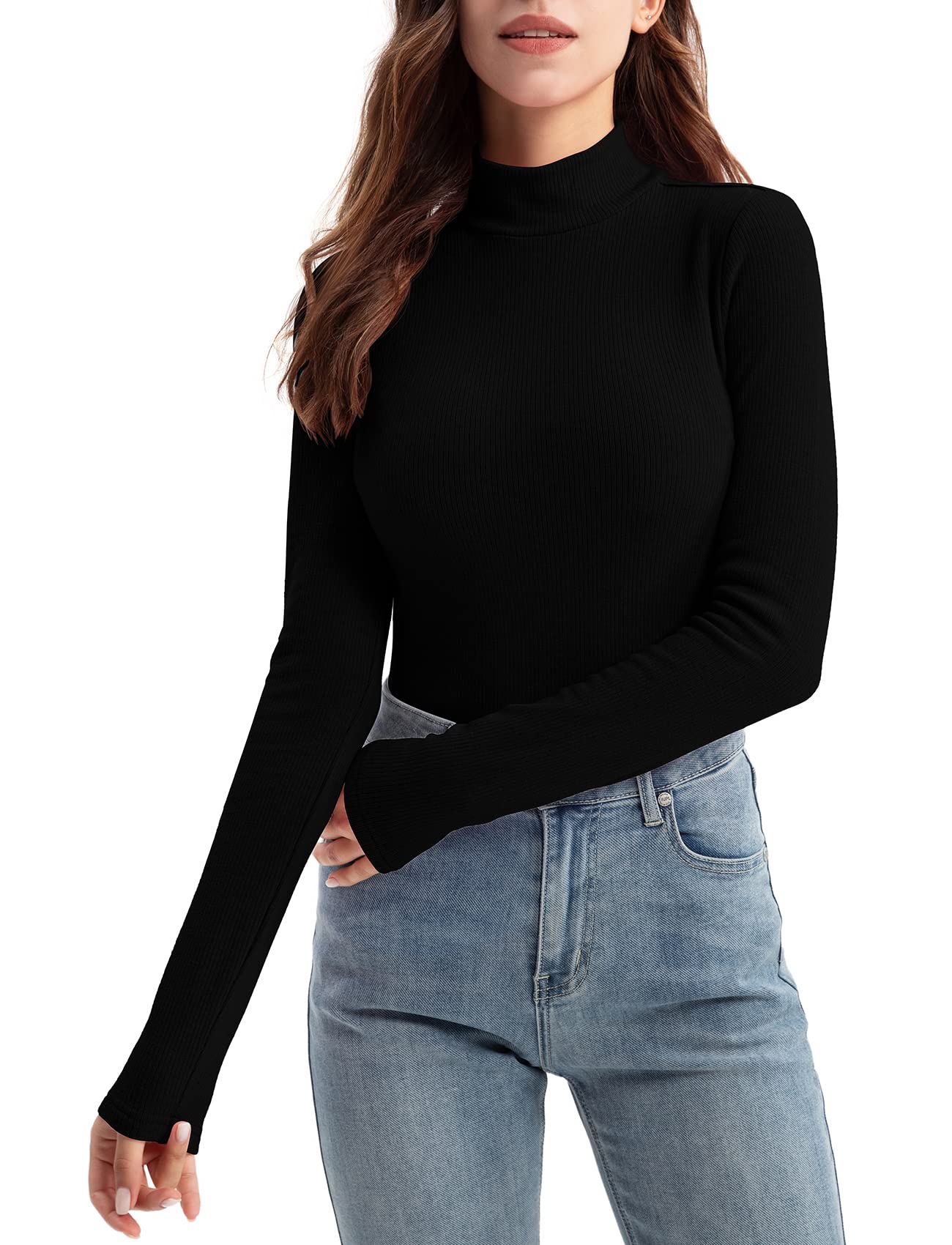 Zengjo Mock Turtleneck Ribbed Shirt Women (Black,XL)