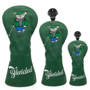 lovely bear golf driver cover fairway wood cover, hybrid covers headcovers set, green leather golf club covers for driver and woods for men/women golfer