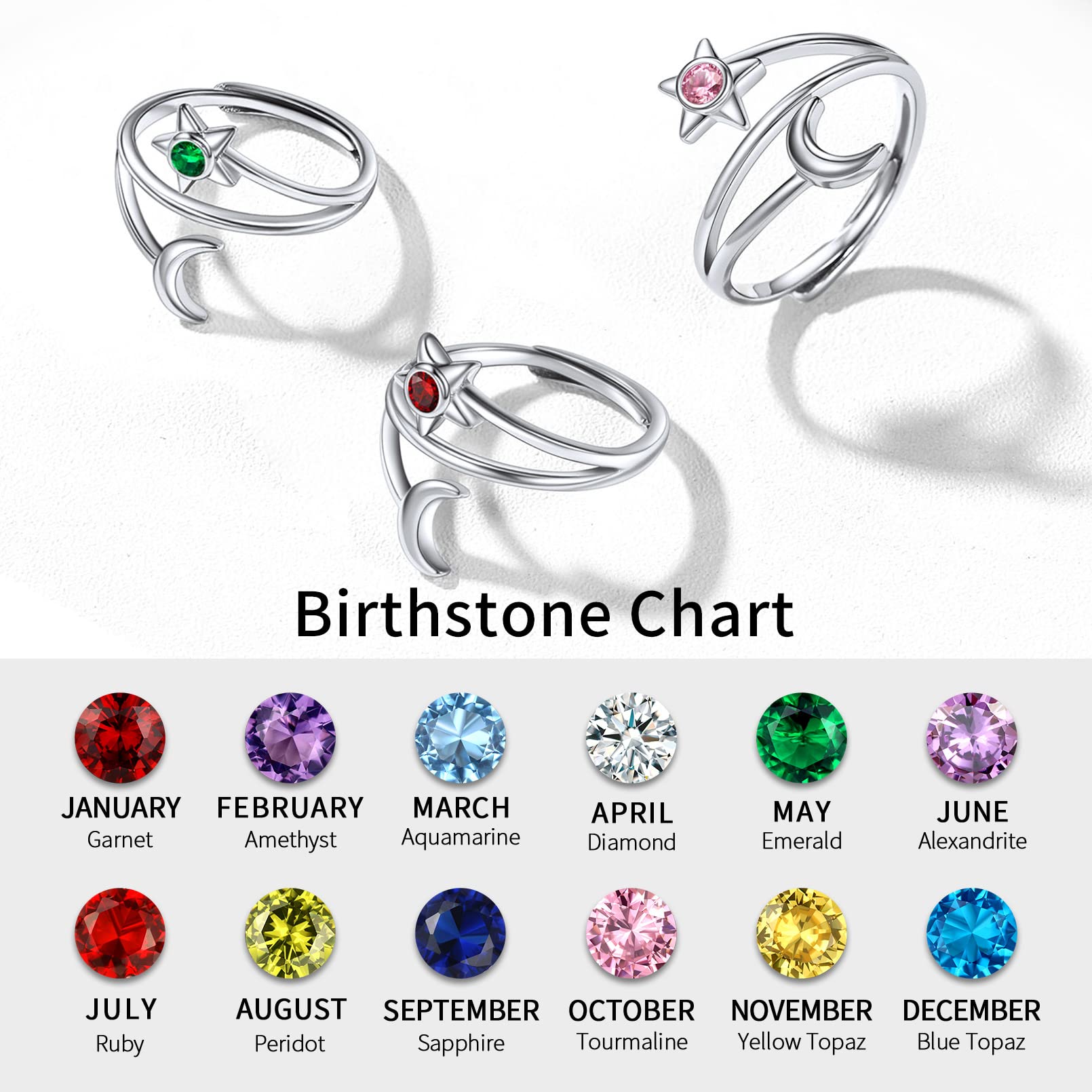 ChicSilver 925 Sterling Silver Open Adjustable Ring Dainty Star and Moon Ring March Birthstone Stackable Knuckle Rings Created Aquamarine Jewelry for Women