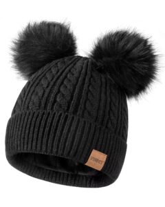 beanies women with double pom pom, winter hats for women cold weather warm cable knit fleece lined, cute beanie cap for daily use(black)