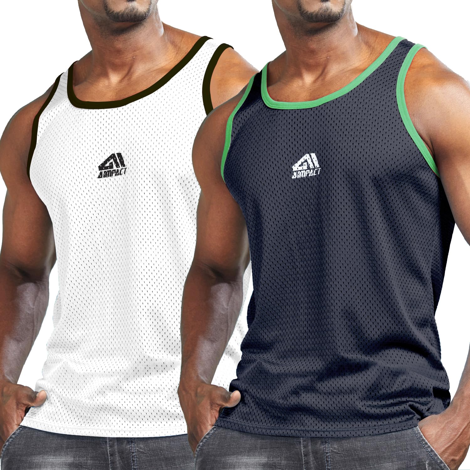 AIMPACT Men Athletic Workout Tank Tops Mesh Quick Dry Fitness Running Gym Muscle Sleeveless Shirts WhiteDarkBlue M