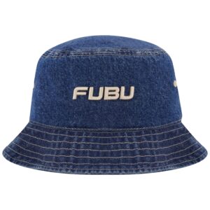 fubu bucket, denim style cotton packable travel hat with 3d embroidered logo, one size