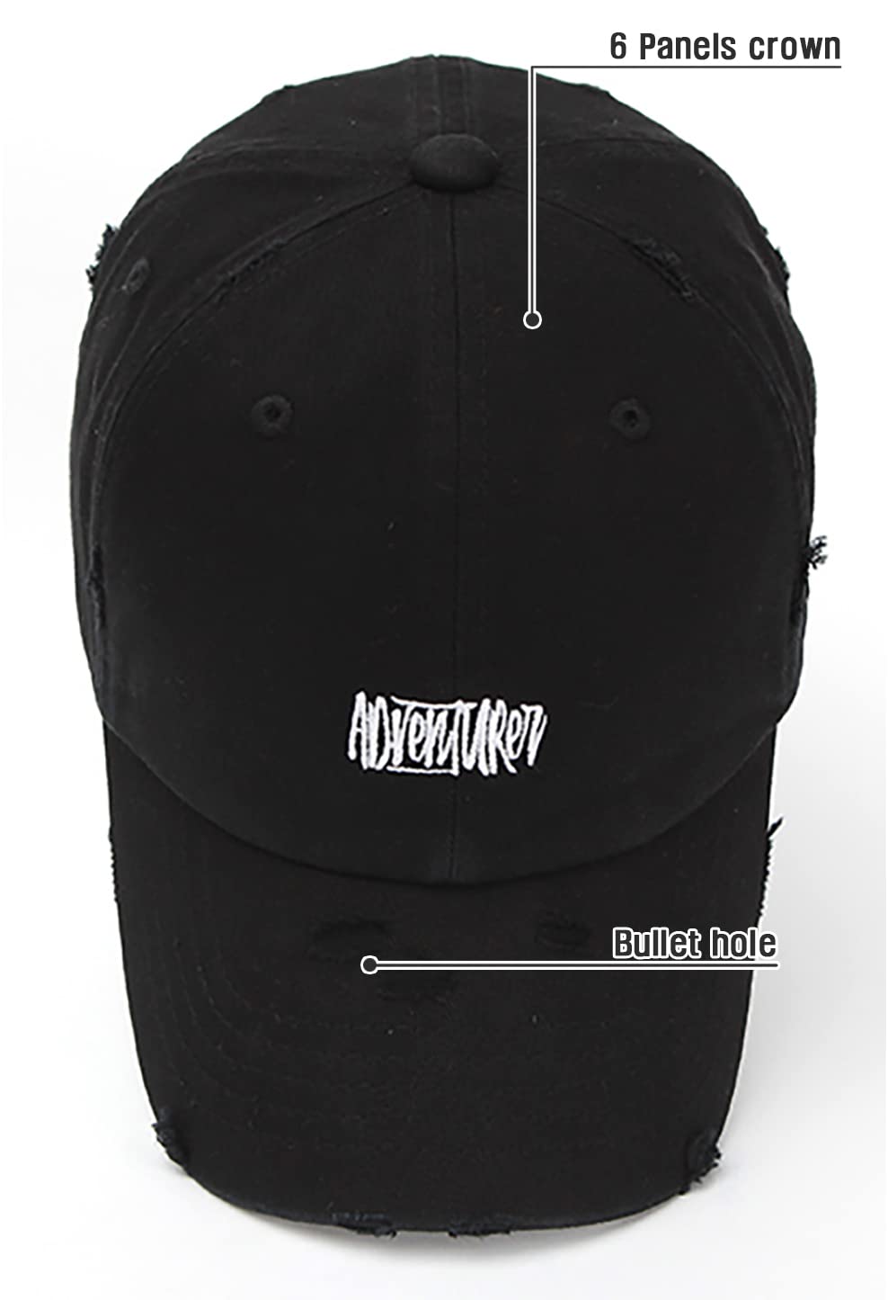 Flipper Adventurer Logo Washed Cotton Vintage Bullet Holes Distressed Baseball Cap Dad Hat Ballcap (Medium ~ Large, Black)