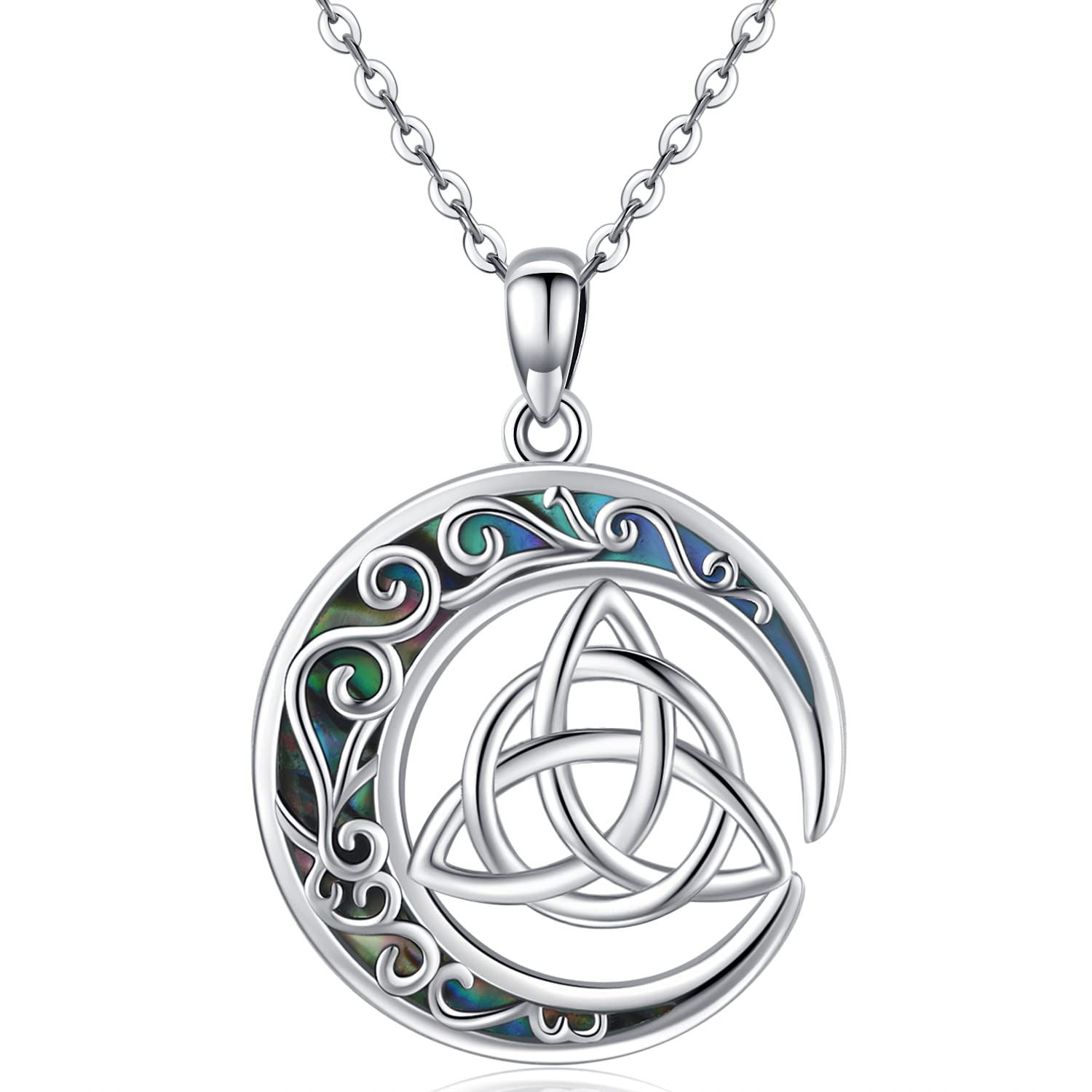 Odinstone Celtic Moon Necklace 925 Sterling Silver Good Luck Irish Jewelry Celtic Abalone Shell Pendant Necklace Witch Jewelry Charm