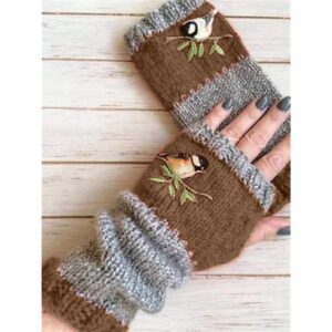 Embroidery Knitted Fingerless Gloves for Women Winter Warm Mittens for Cold Weather (Coffee, One Size)