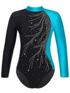 winying girls kids sparkly rhinestones gymnastic leotard long sleeve ballet dance athletic workout bodysuit unitard blue 14 years