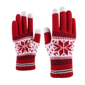 snowflake pattern knitting gloves for women and men winter warm mittens full finger touchscreen texting gloves (red, one size)