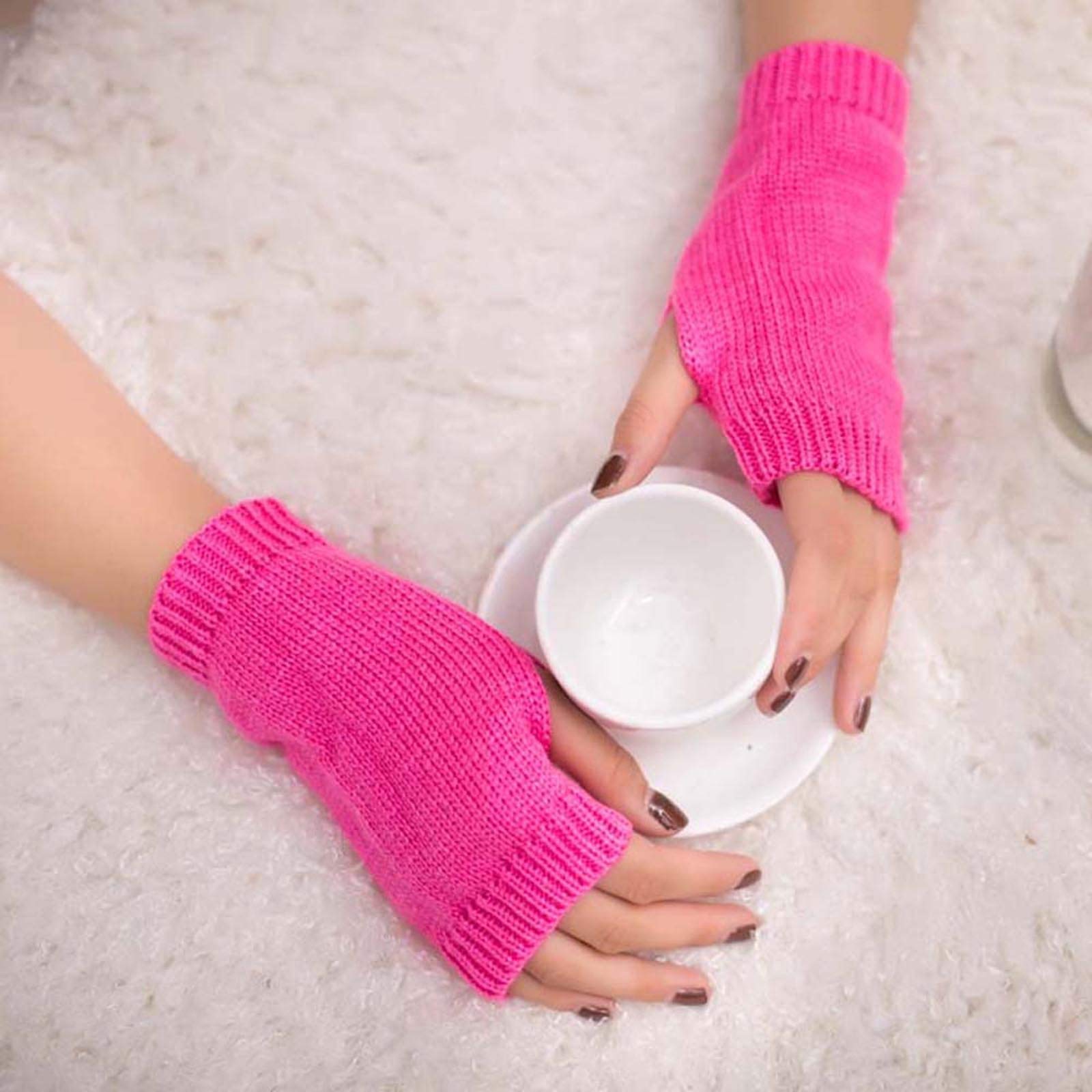 Fingerless Knitted Gloves for Women Winter Warm Mittens Wrist Warmers Stretchy Gloves (Hot Pink, One Size)