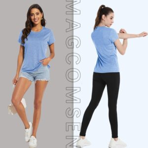 MAGCOMSEN Athletic T-Shirts for Women Short Sleeve Casual Shirts Moisture Wicking Performace Tees Fitness Running Shirts Light Blue Large