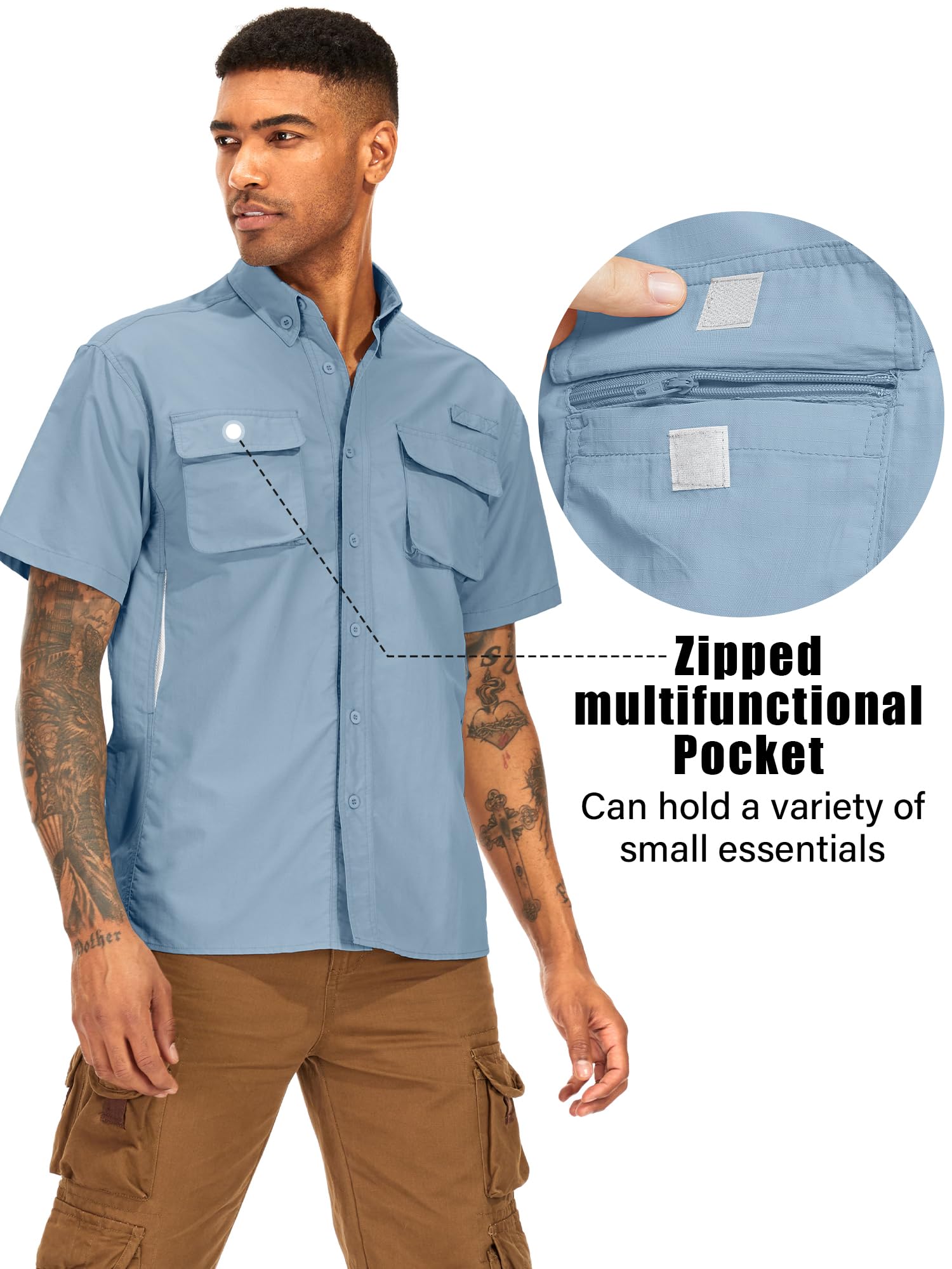 mosingle Men's Fishing Shirts with Zipper Pockets UPF50 Sun Protection Safari Cool Short Sleeve Button Down Shirts Hiking(5018,Blue-L)