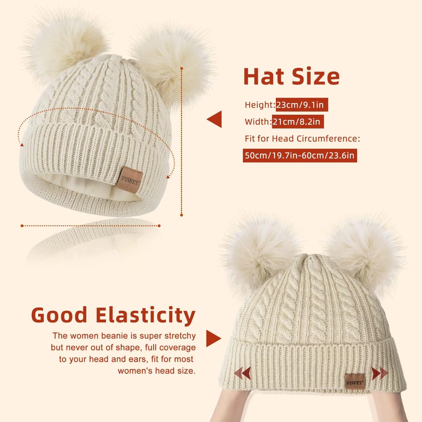 Beanies Women with Double Pom Pom, Winter Hats for Women Cold Weather Warm Cable Knit Fleece Lined, Cute Beanie Cap for Daily Use(Oatmeal)