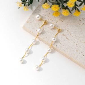 DAILY VIBES 14K Gold Freshwater Pearl Drop Earrings Dangle Dainty Long White Cultured Baroque Pearl Earrings for Women Statement Stud Ball Chain Tassel Jewelry for Bridal Wedding