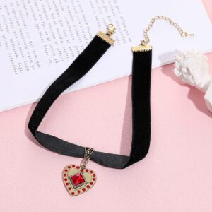 Halloween Gothic Black Velet Choker Necklace for Women Halloween Costume Party Favors Gold Heart Necklace with Red Resin Rhinestones Punk Rock Cosplay Costume Jewelry for Women Masquerade N05C