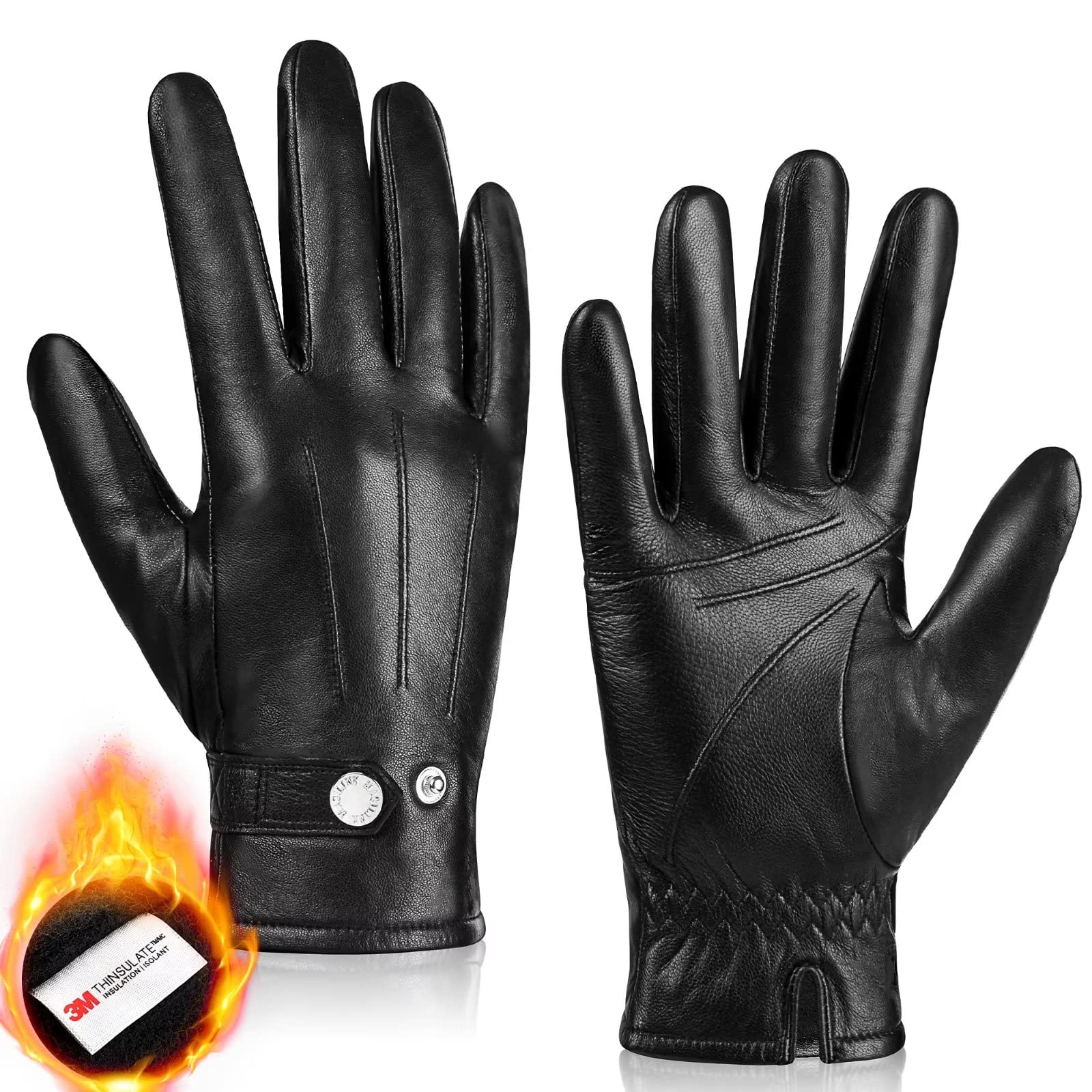 MAGILINK Genuine Sheepskin Leather Gloves for Men, Winter Warm Touchscreen Gloves Thinsulate Lined, Driving Motorcycle Gloves(Black-L)