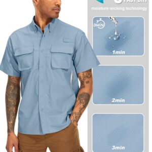 mosingle Men's Fishing Shirts with Zipper Pockets UPF50 Sun Protection Safari Cool Short Sleeve Button Down Shirts Hiking(5018,Blue-L)