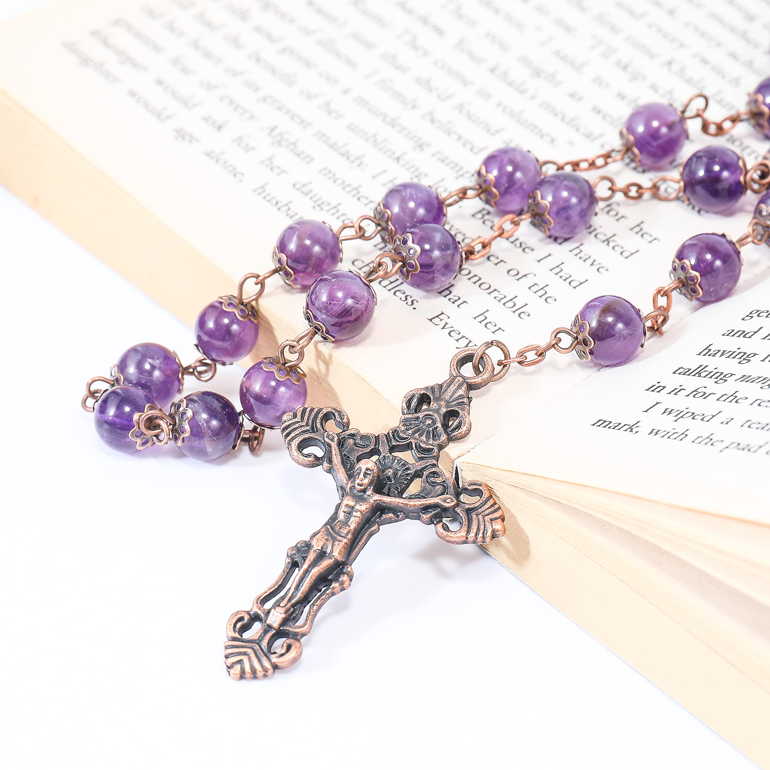 Nazareth Store Vintage Design Rosary Necklace Purple Amethyst Stone Beads 8mm Holy Soil Medal & Cross Crucifix Religious Rosaries Terra Santa Jerusalem Collection