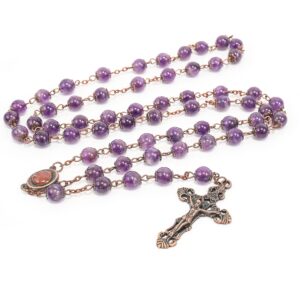 Nazareth Store Vintage Design Rosary Necklace Purple Amethyst Stone Beads 8mm Holy Soil Medal & Cross Crucifix Religious Rosaries Terra Santa Jerusalem Collection