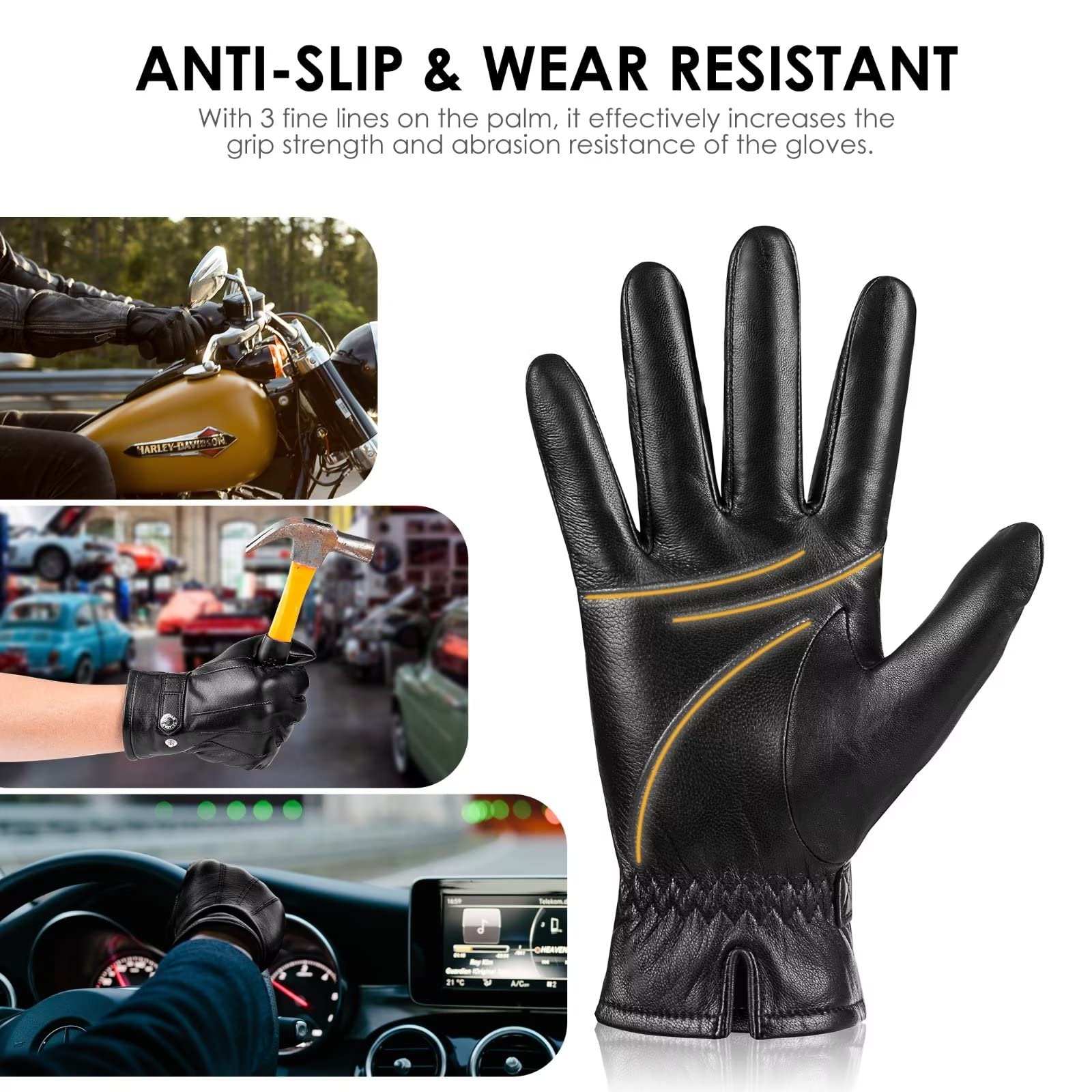 MAGILINK Genuine Sheepskin Leather Gloves for Men, Winter Warm Touchscreen Gloves Thinsulate Lined, Driving Motorcycle Gloves(Black-L)