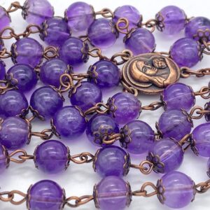 Nazareth Store Vintage Design Rosary Necklace Purple Amethyst Stone Beads 8mm Holy Soil Medal & Cross Crucifix Religious Rosaries Terra Santa Jerusalem Collection