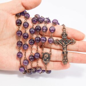 Nazareth Store Vintage Design Rosary Necklace Purple Amethyst Stone Beads 8mm Holy Soil Medal & Cross Crucifix Religious Rosaries Terra Santa Jerusalem Collection