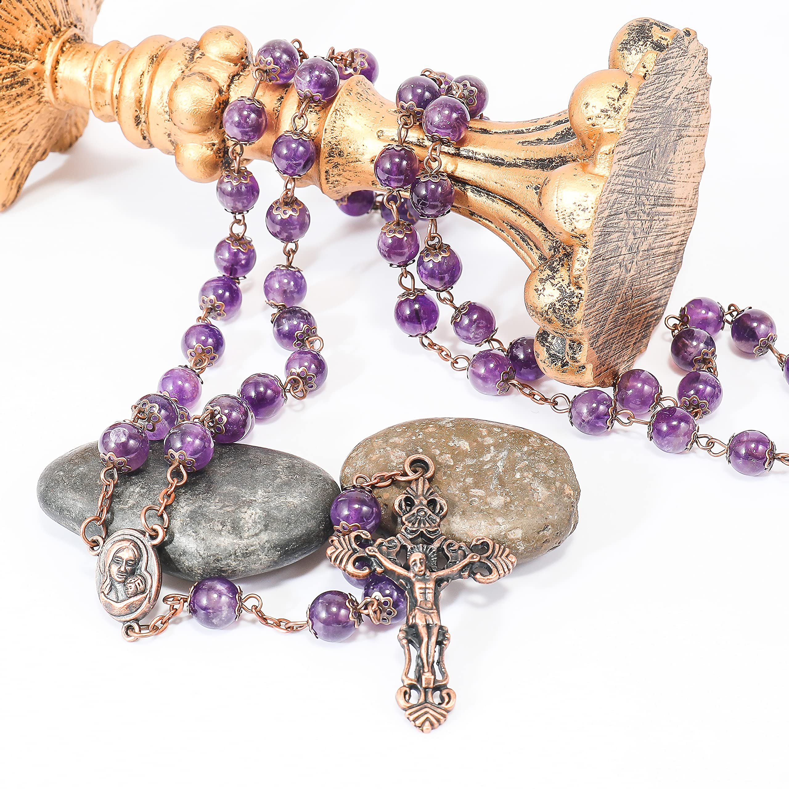 Nazareth Store Vintage Design Rosary Necklace Purple Amethyst Stone Beads 8mm Holy Soil Medal & Cross Crucifix Religious Rosaries Terra Santa Jerusalem Collection