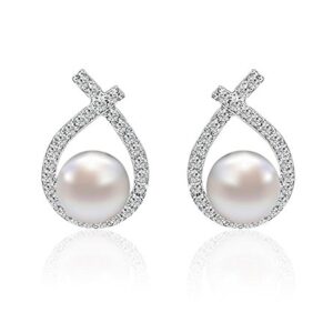 LOVE&CLOVER Elegant Freshwater Pearl Stud Earrings for Women 925 Sterling Silver, Genuine Cultured Pearls, Bridal Earrings for Women Brides Bridesmaids Wedding Gifts