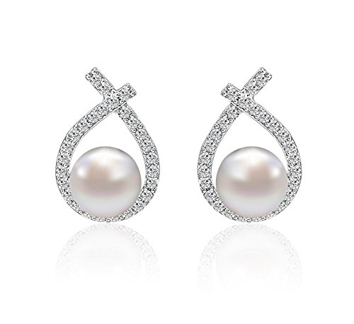 LOVE&CLOVER Elegant Freshwater Pearl Stud Earrings for Women 925 Sterling Silver, Genuine Cultured Pearls, Bridal Earrings for Women Brides Bridesmaids Wedding Gifts