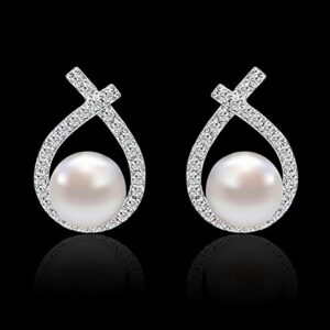 LOVE&CLOVER Elegant Freshwater Pearl Stud Earrings for Women 925 Sterling Silver, Genuine Cultured Pearls, Bridal Earrings for Women Brides Bridesmaids Wedding Gifts