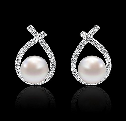 LOVE&CLOVER Elegant Freshwater Pearl Stud Earrings for Women 925 Sterling Silver, Genuine Cultured Pearls, Bridal Earrings for Women Brides Bridesmaids Wedding Gifts