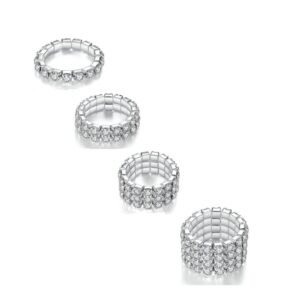 sparkling rhinestone ring set trendy elastic rhinestone crystal stretch ring stackable jewelry for women girls-silver