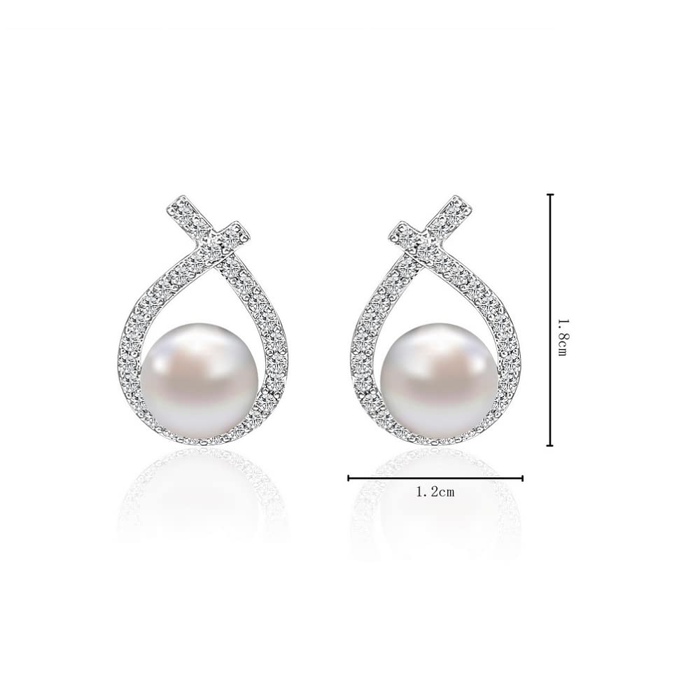 LOVE&CLOVER Elegant Freshwater Pearl Stud Earrings for Women 925 Sterling Silver, Genuine Cultured Pearls, Bridal Earrings for Women Brides Bridesmaids Wedding Gifts