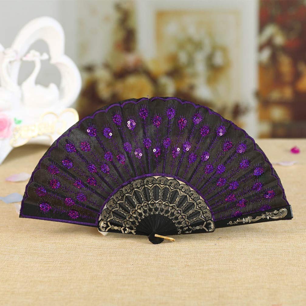 DECHOUS 2pcs Embroidered Sequin Fan Dancing Fans Hand Fans for Women Foldable Fan Sequin Fabric Hand Fan Embroidered Sequin Handheld Fan Folding Fan Vintage Miss The Fabric Purple