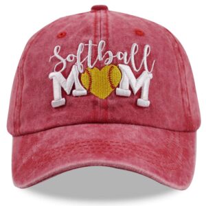 manmesh hatt softball mom gifts for women, vintage adjustable distressed baseball mom cap, cute washed embroidered sports mama hat for mothers day (one size, softball mom red)