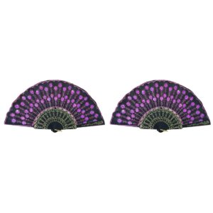 dechous 2pcs embroidered sequin fan dancing fans hand fans for women foldable fan sequin fabric hand fan embroidered sequin handheld fan folding fan vintage miss the fabric purple