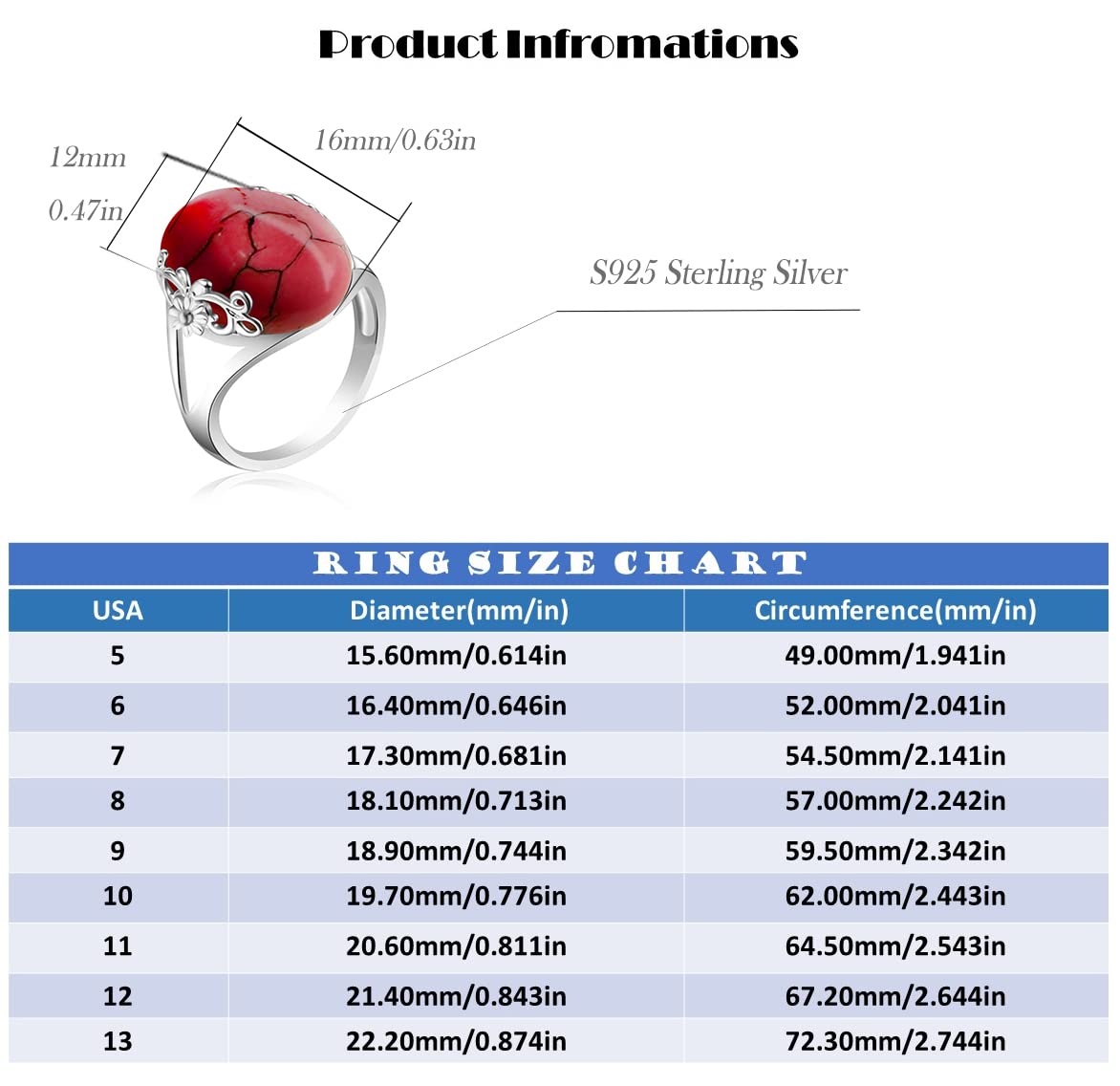 DALEGEM Natural Red Oval Turquoise Stone Crystal Ring for Women,S925 Sterling Silver Real Genuine Quartz Gemstone Turkish Turkey Ring Jewelry (Stone_B, 7)