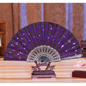 DECHOUS 2pcs Embroidered Sequin Fan Dancing Fans Hand Fans for Women Foldable Fan Sequin Fabric Hand Fan Embroidered Sequin Handheld Fan Folding Fan Vintage Miss The Fabric Purple