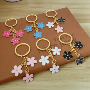 Meimimix Flowers Charms Enameled Keychain Chain Tassel Keyring For Women Girls Purse Bag Accessories Jewellery (Pink)