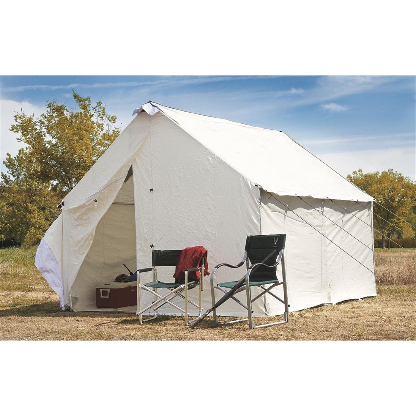 Guide Gear 10x12' Canvas Wall Tent and Frame for Hunting, Outdoor Camping, 4 Season All Weather Tents with Stove Jack Opening