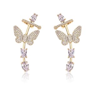 925 sterling silver post ear cuff earrings for women butterfly cartilage ear climber earrings gold purple cubic zirconia cz hypoallergenic piercing gifts for her (gold)