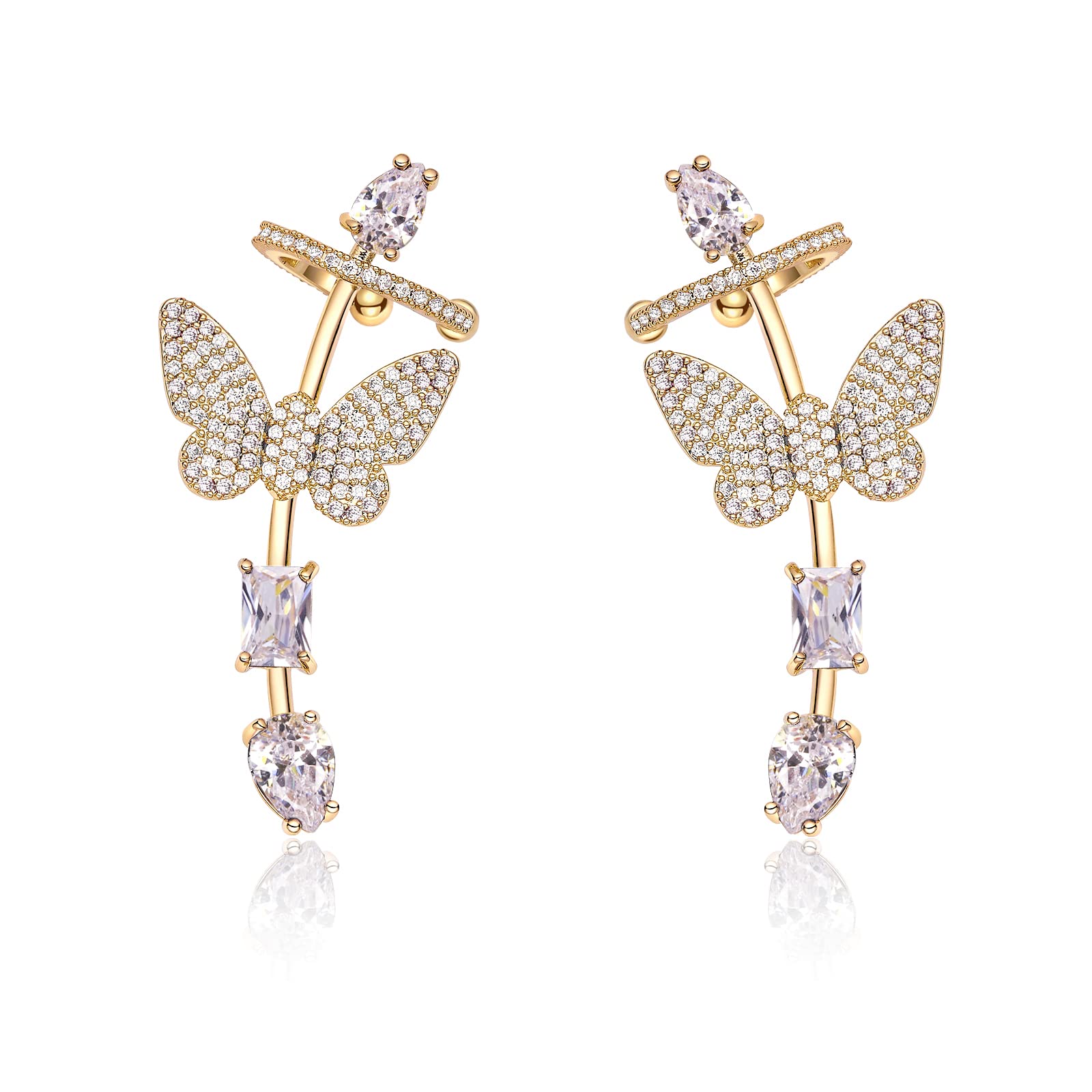 925 Sterling Silver Post Ear Cuff Earrings for Women Butterfly Cartilage Ear Climber Earrings Gold Purple Cubic Zirconia CZ Hypoallergenic Piercing Gifts For Her (Gold)