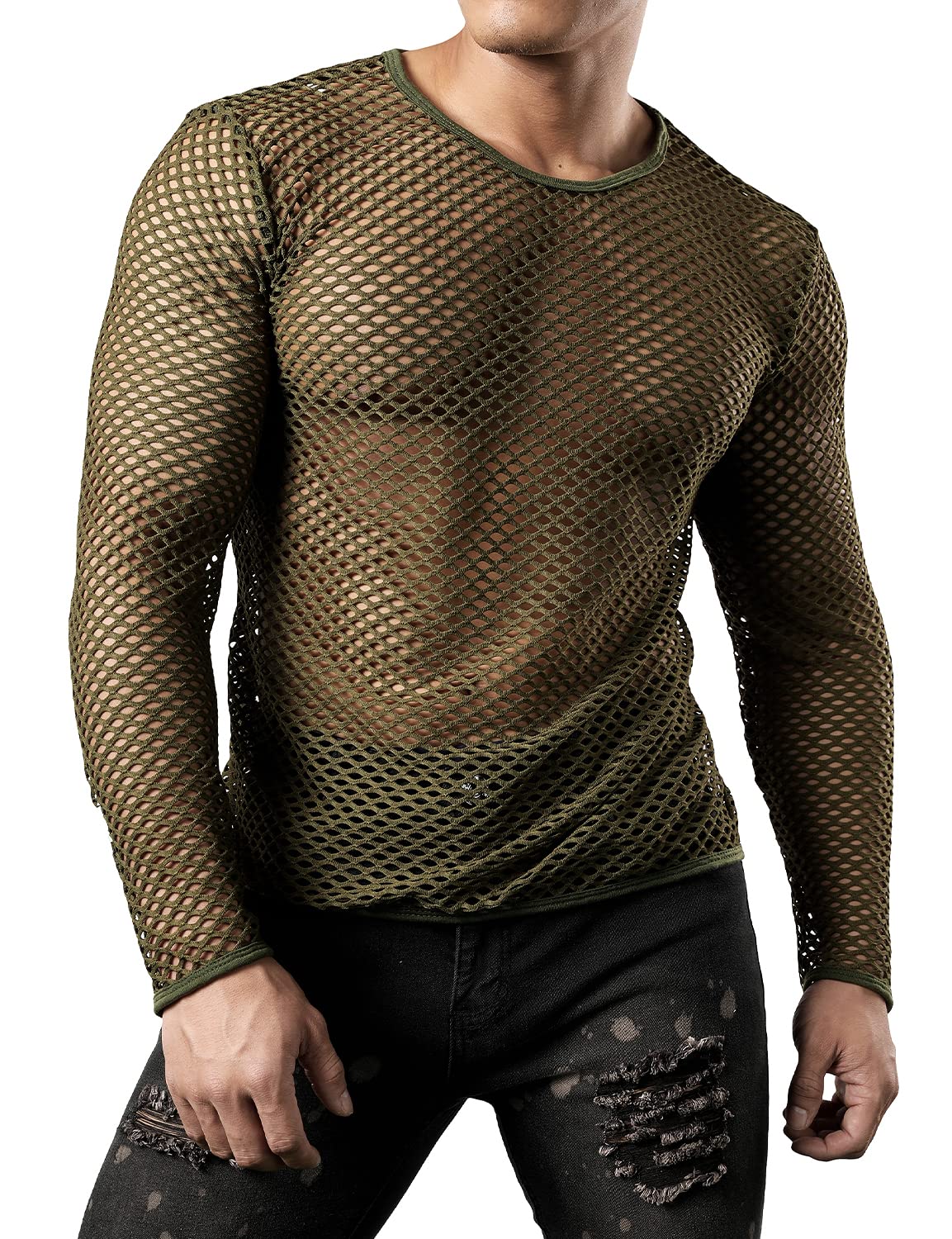 JOGAL Men's Mesh Fishnet Fitted Long Sleeve Muscle Top Small WG04 ArmyGreen