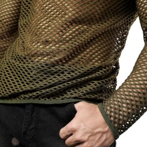 JOGAL Men's Mesh Fishnet Fitted Long Sleeve Muscle Top Small WG04 ArmyGreen