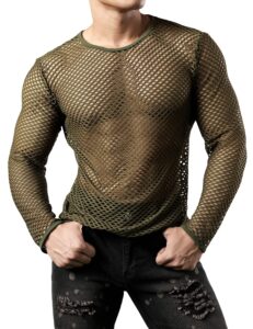 jogal men's mesh fishnet fitted long sleeve muscle top small wg04 armygreen