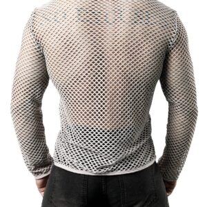 JOGAL Men's Mesh Fishnet Fitted Long Sleeve Muscle Top X-Large WG04 Grey