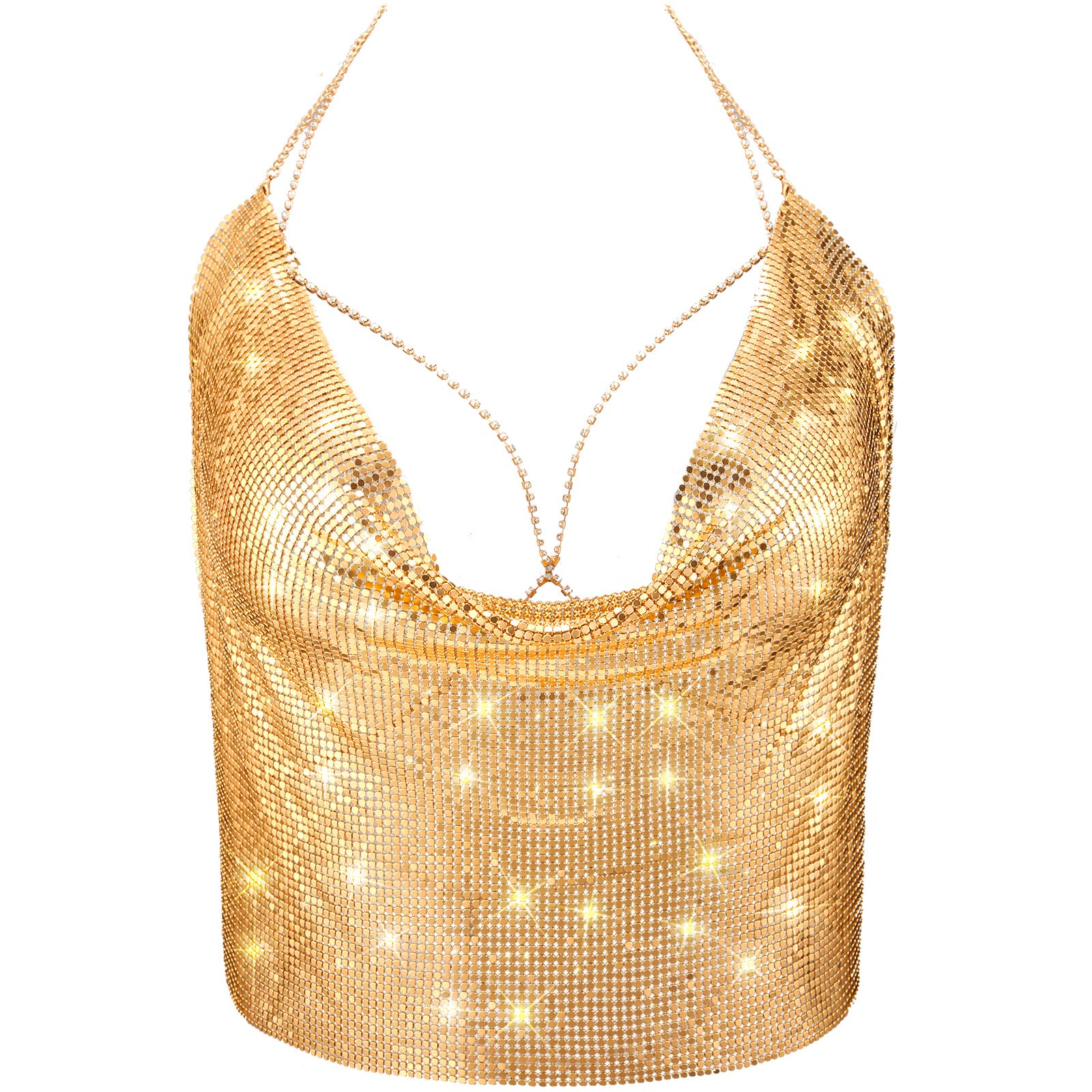 SATINIOR Shiny Tank Top for Women Crystal Body Neck Chain Sequin Tops with Nipple Pasties Double Sided Tape Party(Gold)