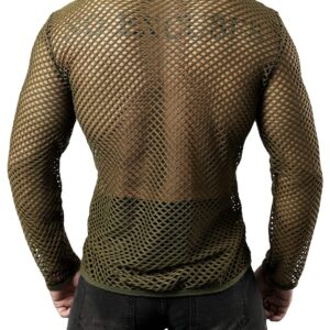 JOGAL Men's Mesh Fishnet Fitted Long Sleeve Muscle Top Small WG04 ArmyGreen