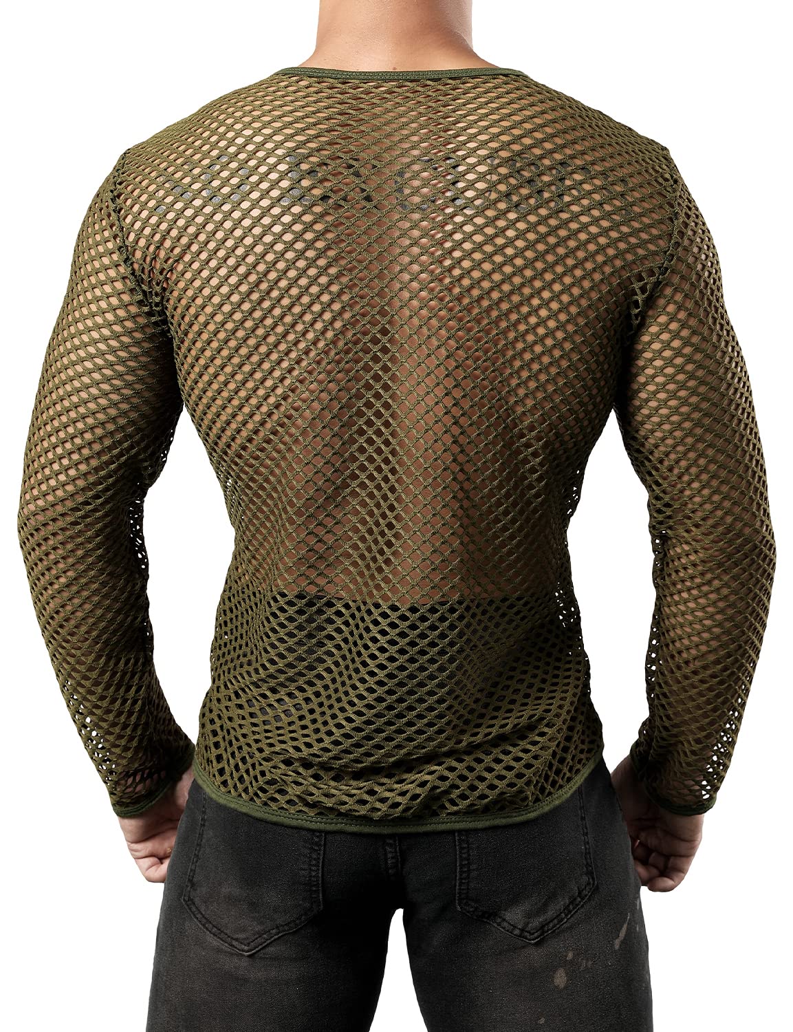 JOGAL Men's Mesh Fishnet Fitted Long Sleeve Muscle Top Small WG04 ArmyGreen