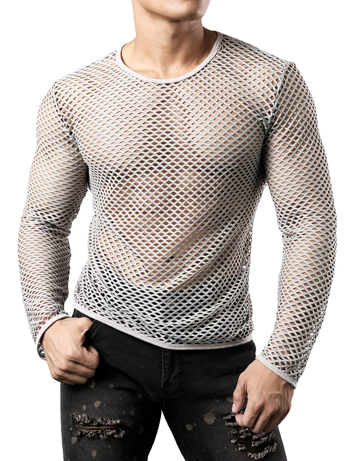 JOGAL Men's Mesh Fishnet Fitted Long Sleeve Muscle Top X-Large WG04 Grey